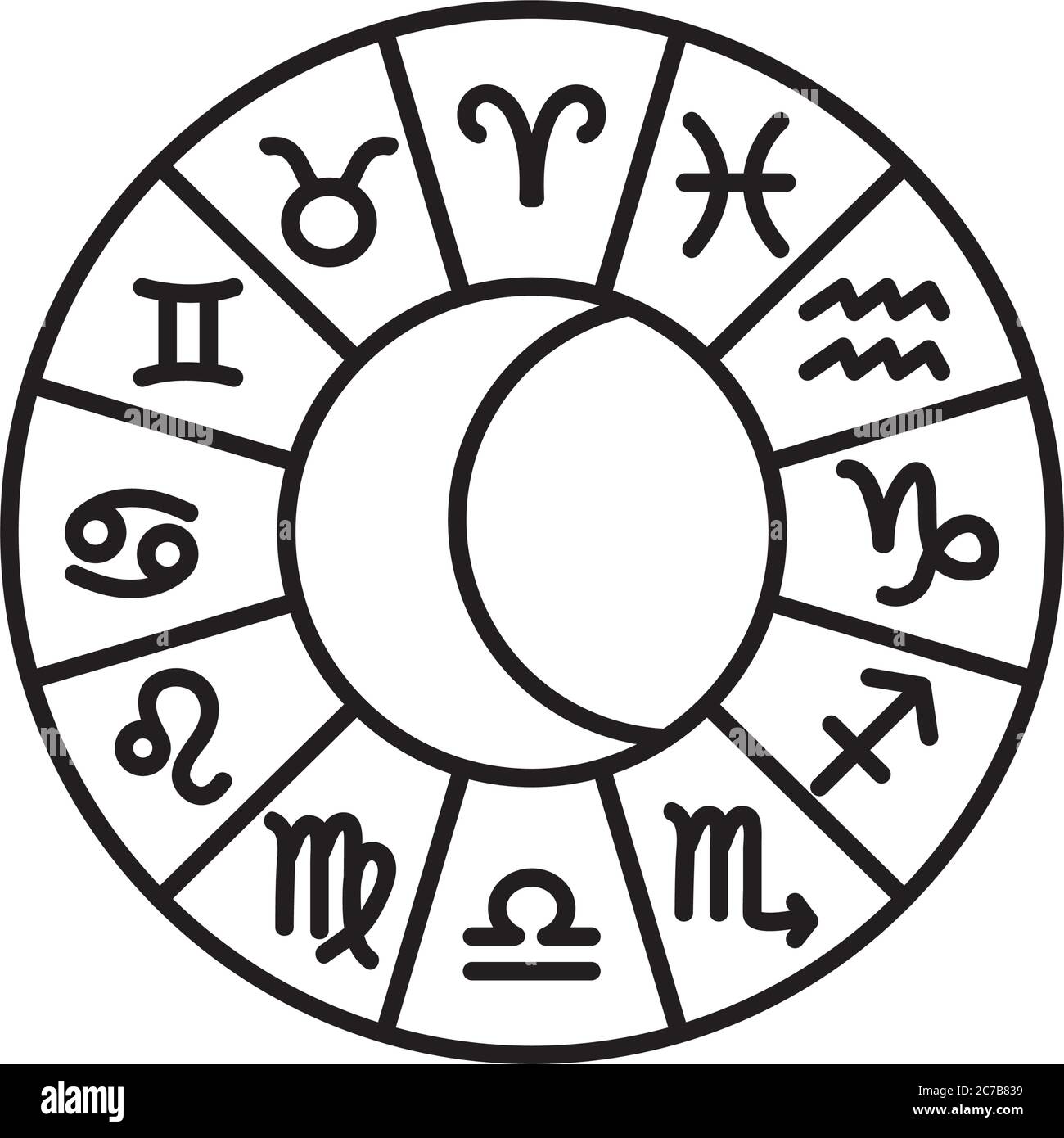 Zodiac circle with astrology symbols icon over white background, line ...