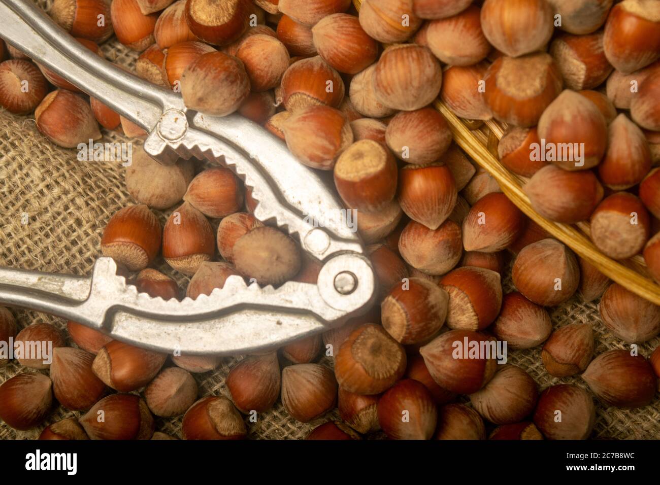 Hazelnuts in a wicker basket, a scattering of hazelnuts and a ...
