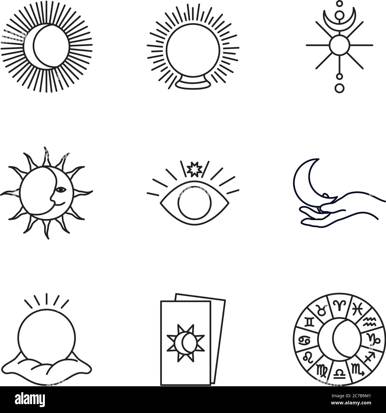 tarot cards and astrology icon set over white background, line style ...