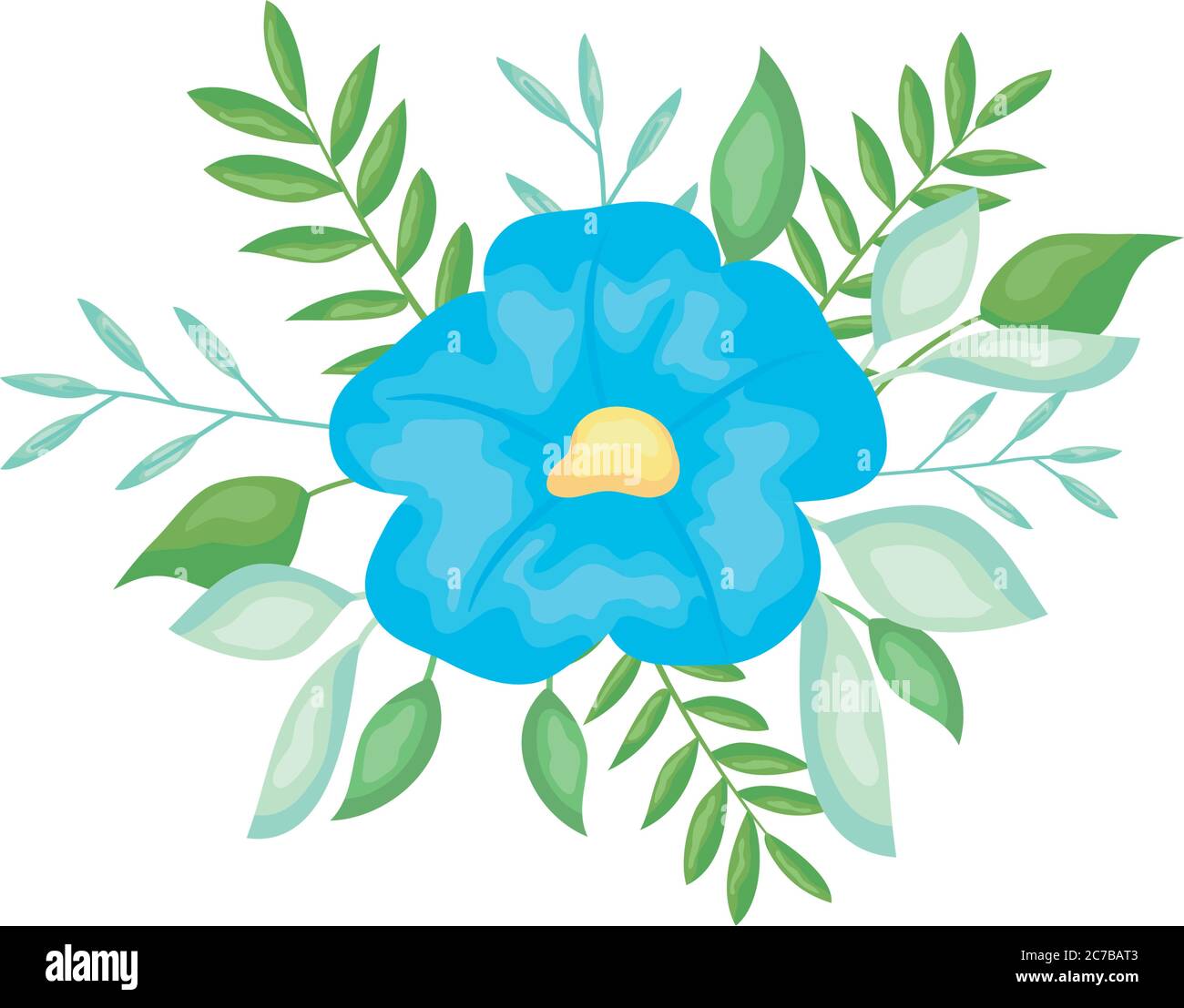 turquoise flower and leaves over white background, detailed style ...