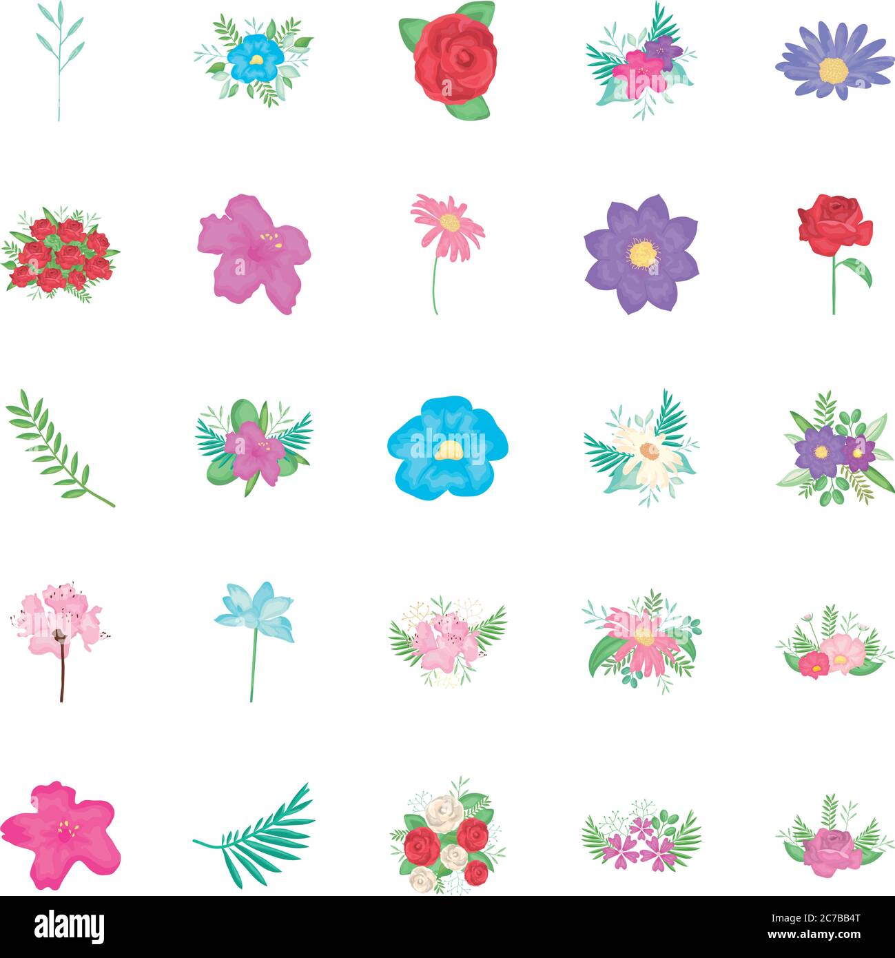 beautiful flowers icon set over white background, detailed style ...