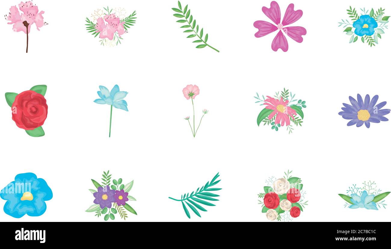 leaves and beautiful flowers icon set over white background, detailed ...