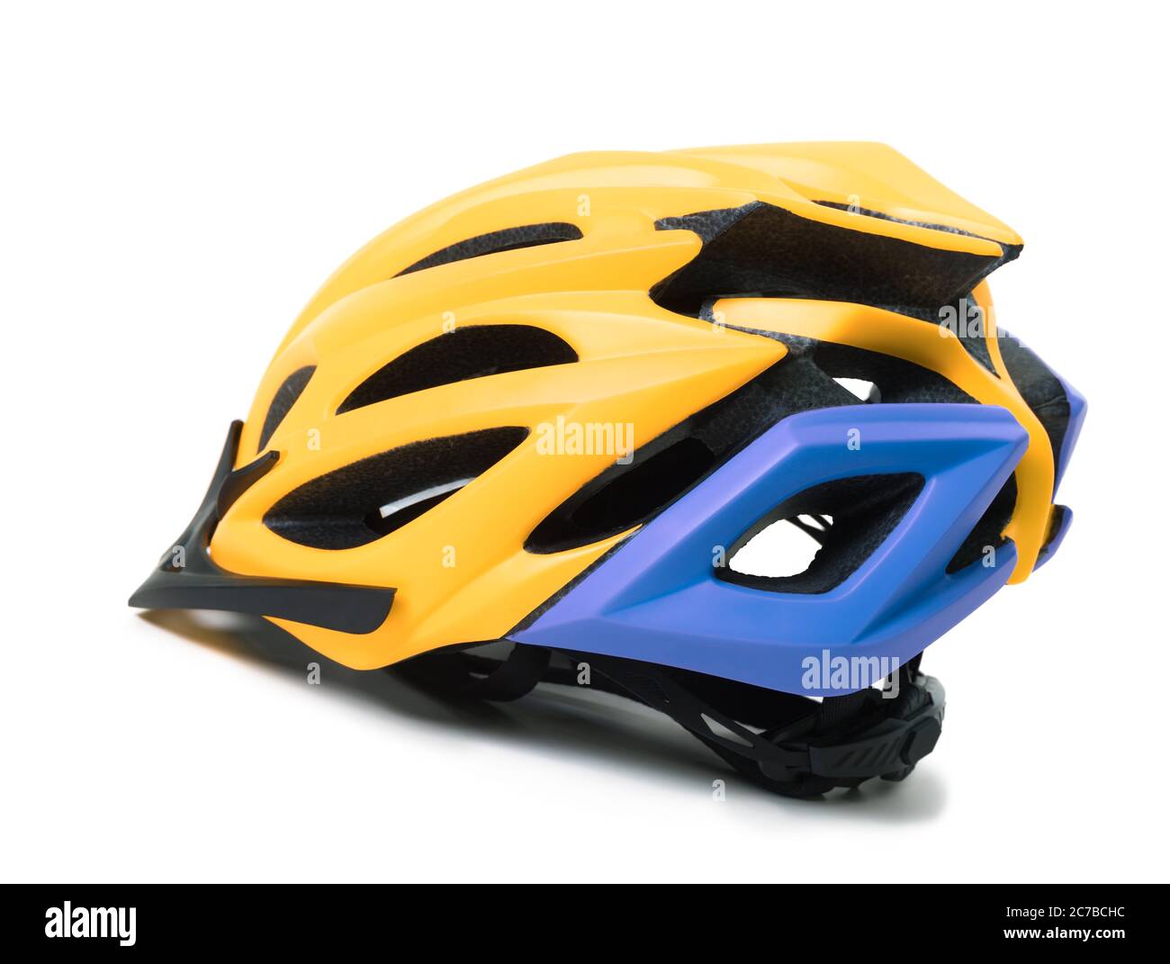 Yellow and blue bicycle helmet isolated on white background Stock Photo ...
