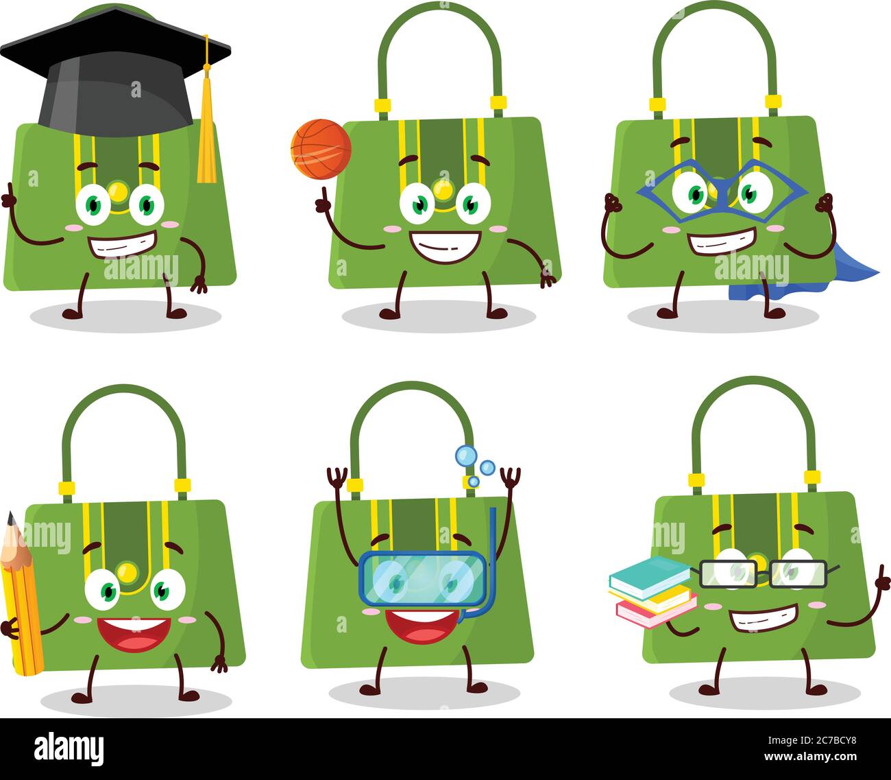 School student of women bag cartoon character with various expressions ...
