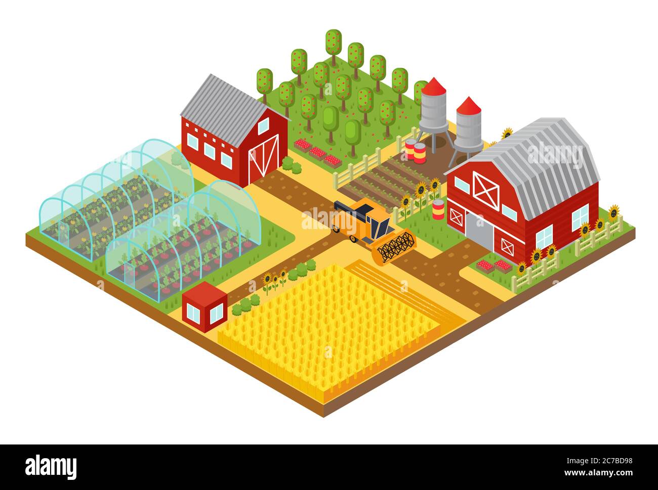 Farm isometric template with garden, field farmer house and greenhouse ...
