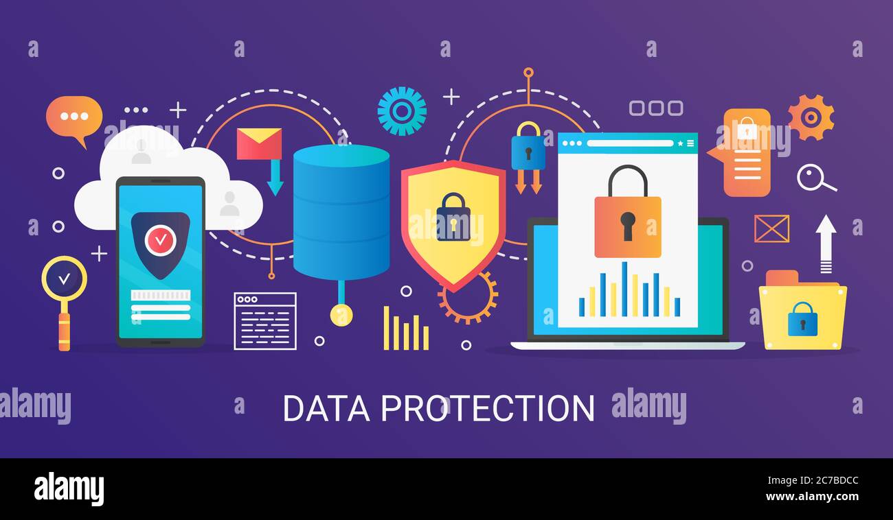Modern vector flat gradient Data protection concept banner with icons ...
