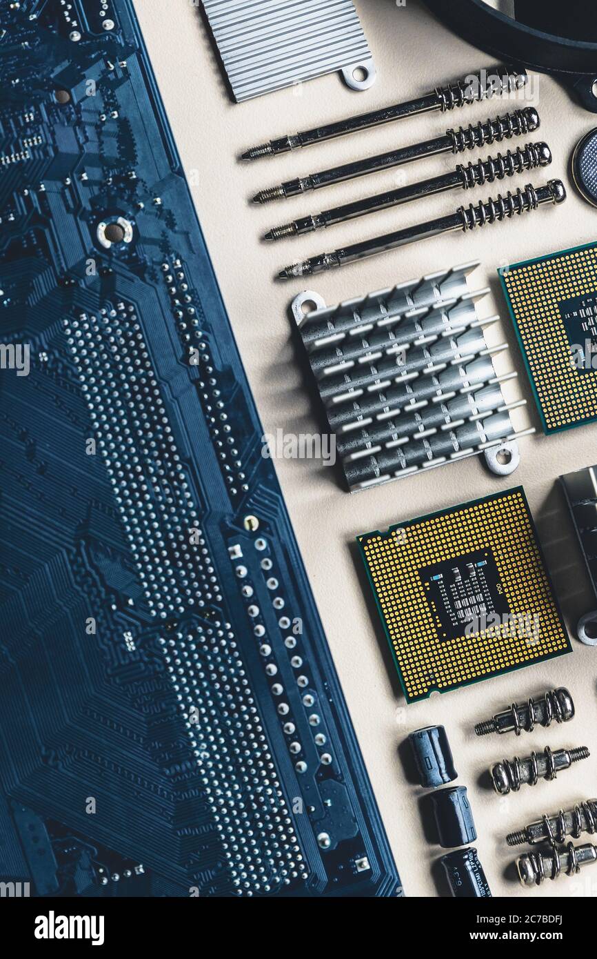 Top view of computer parts and components on white background with copy ...