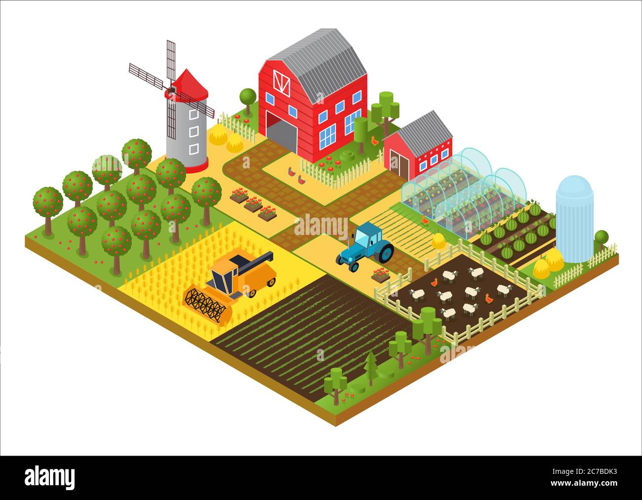 Rural farm 3d isometric template concept with mill, garden, trees ...