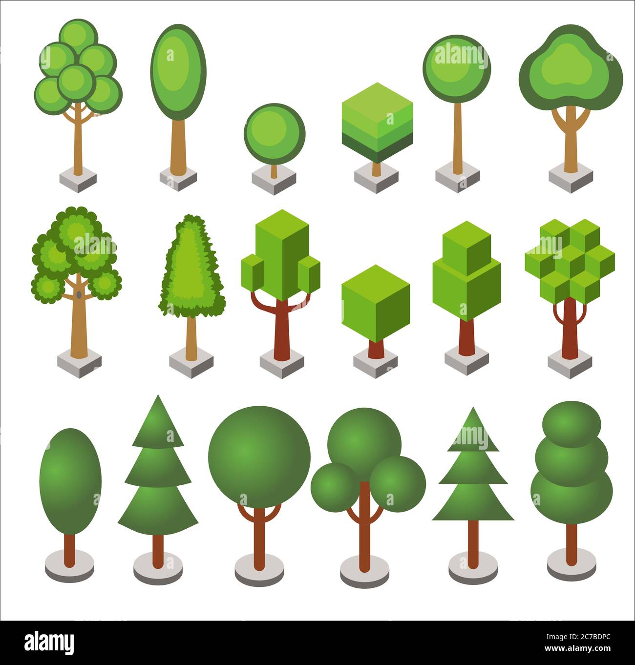 Isometric cartoon set of forest and city park vector trees and bushes ...