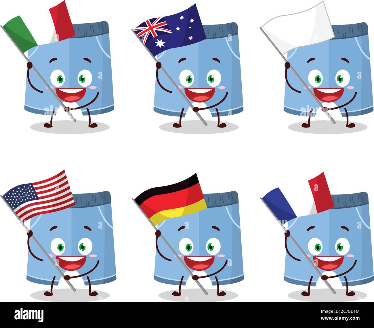 Shorts Cartoon Character Bring The Flags Of Various Countries Stock