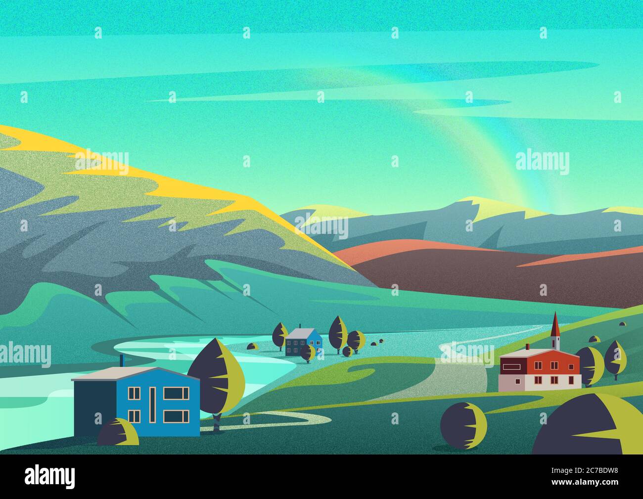 Colorful cartoon illustration landscape with few houses town placed on ...