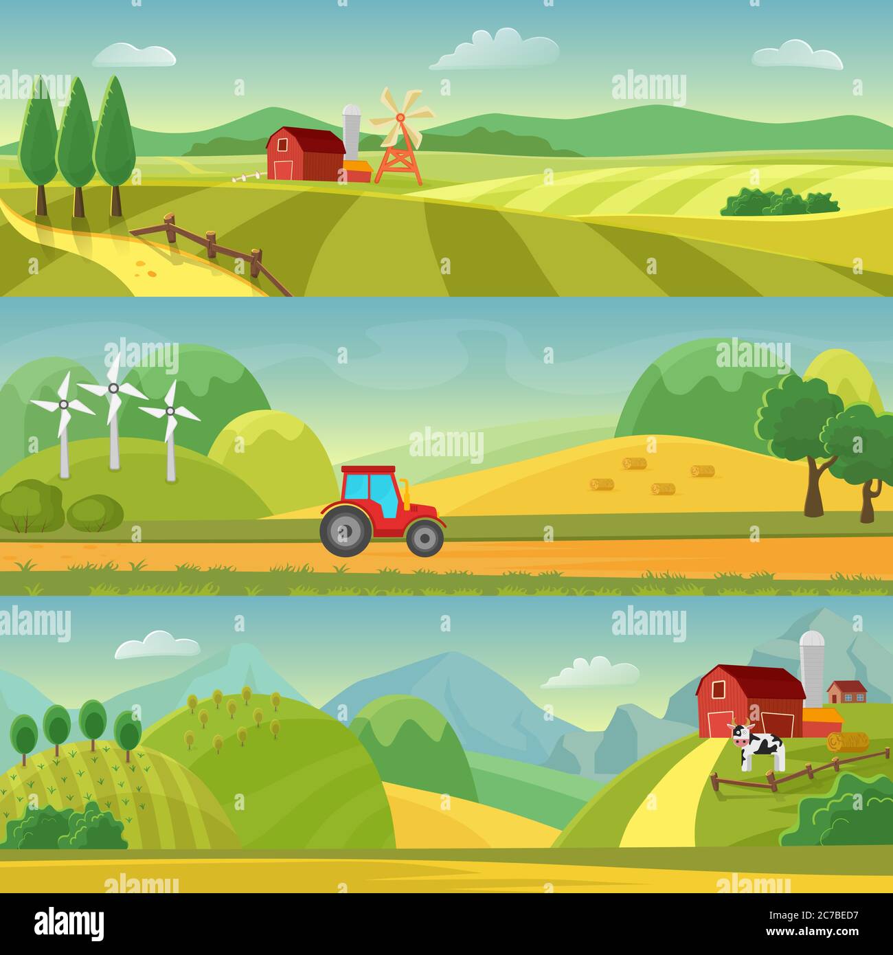 Rural landscape with fields and hills and with a farm. Agriculture and ...