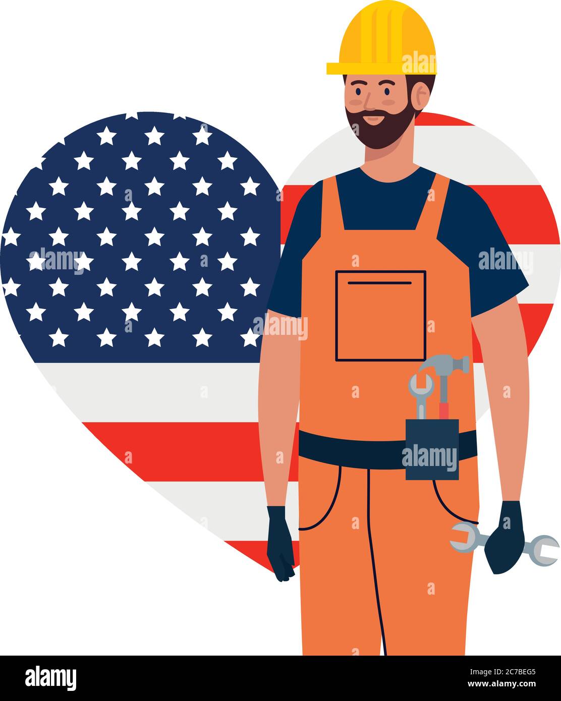 builder man with helmet and usa flag heart vector design Stock Vector ...