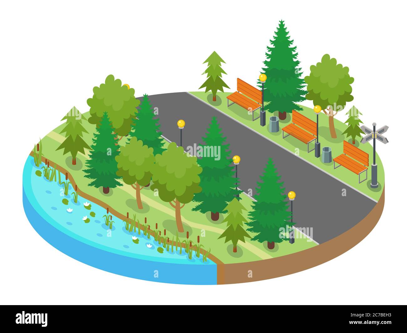 Colorful isometric round map location with park and strolling walkway ...