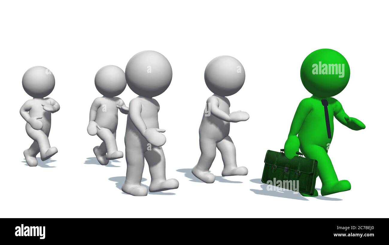 3D white humans running with a green human at the top - isolated on ...