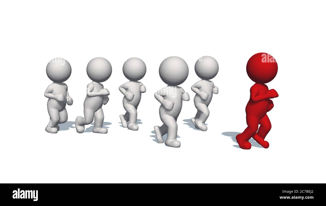 3D white humans running with a red human at the top - isolated on white ...