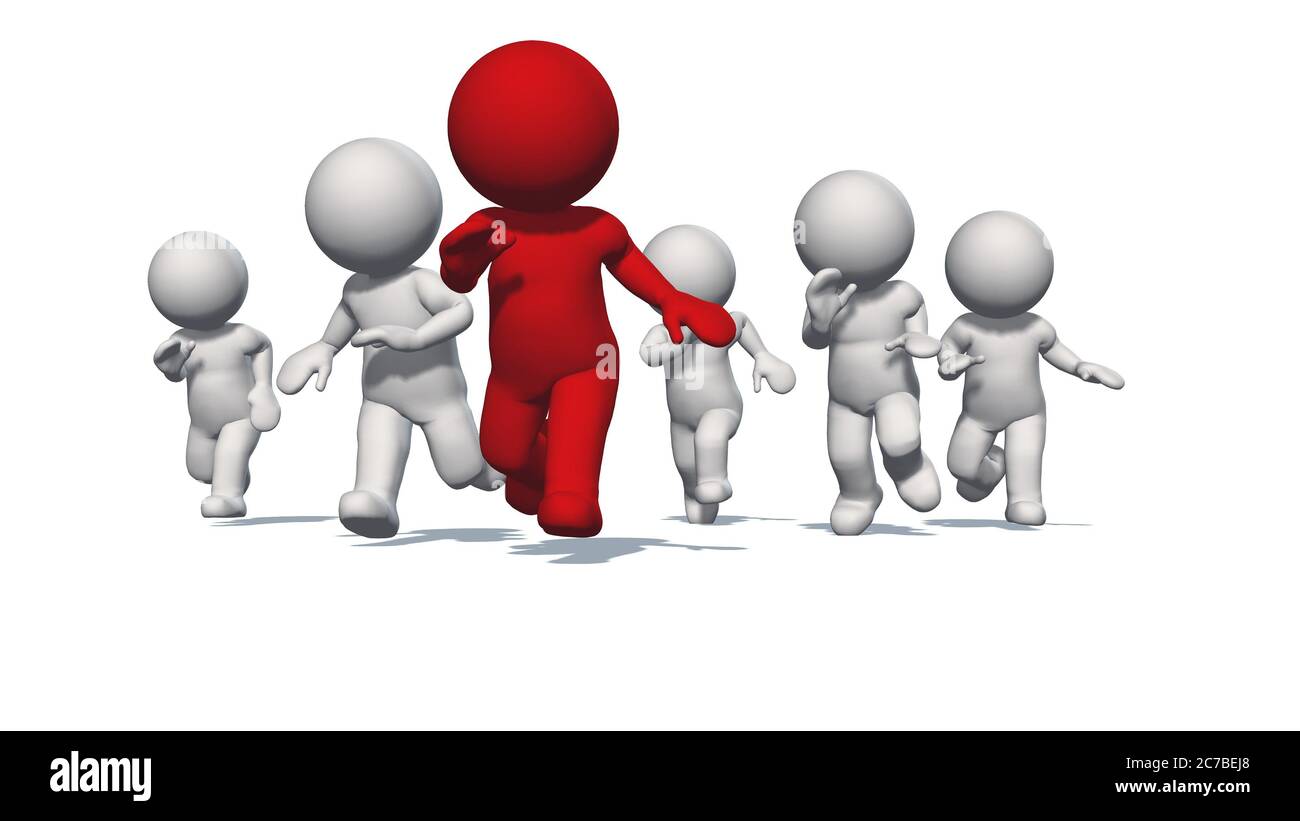 3D white humans running with a red human at the top - isolated on white ...