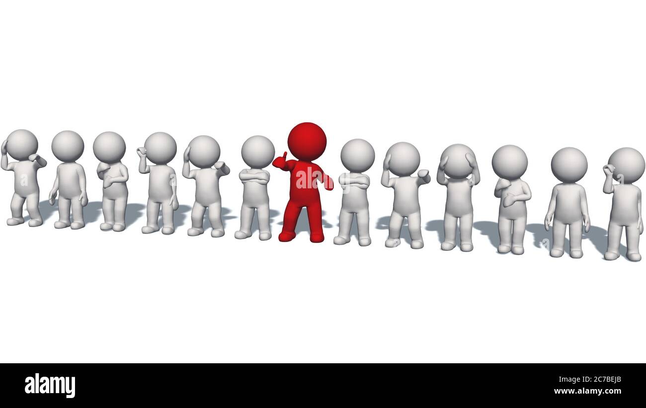 3D people - arranged in a line with a red leader in middle - isolated ...