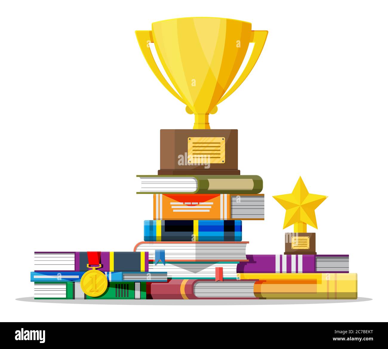 Stack of books with golden cup trophy and medal. Academic and school ...