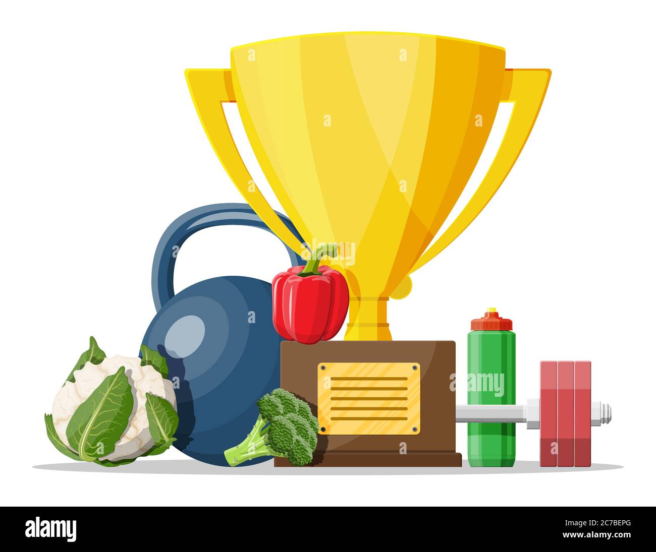 Trophy cup award with dumbbell weight, vegetables and sport bottle of ...