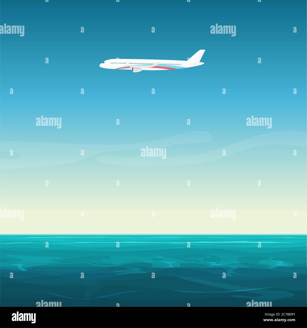 Aircraft airplane in the empty sky under ocean sea cartoon vector ...