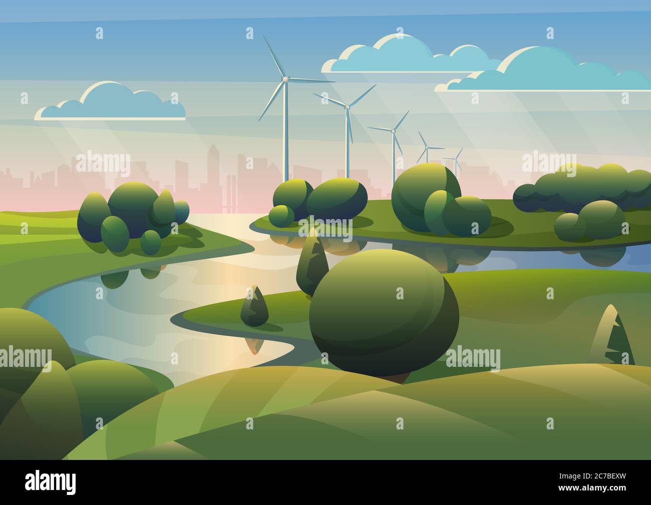 Green lands field landscape with river, wind turbines windmills and ...