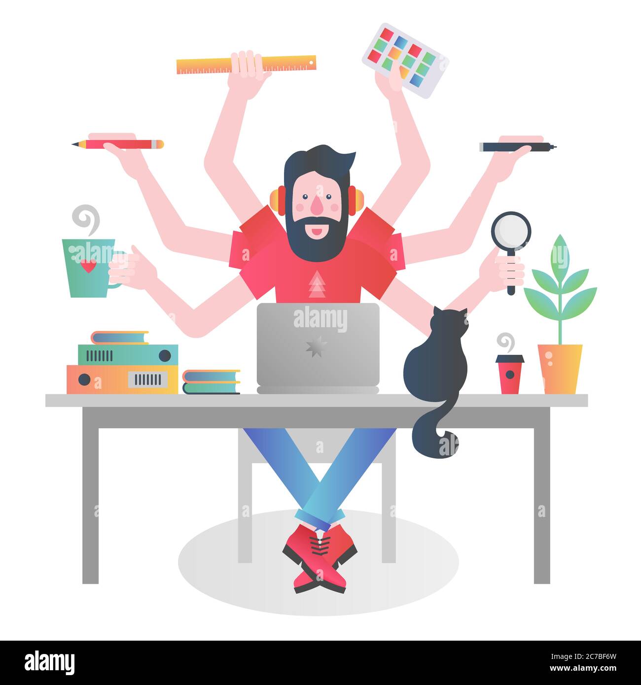 Colorful character of man with many hands holding different things and ... Colorful character of man with many hands holding different things and ...