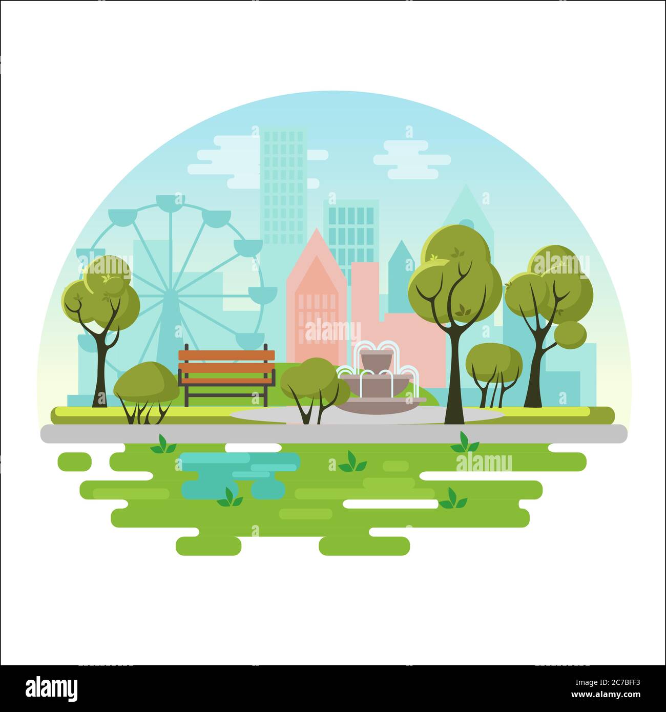 City public park vector illustration concept poster with bench, trees ...