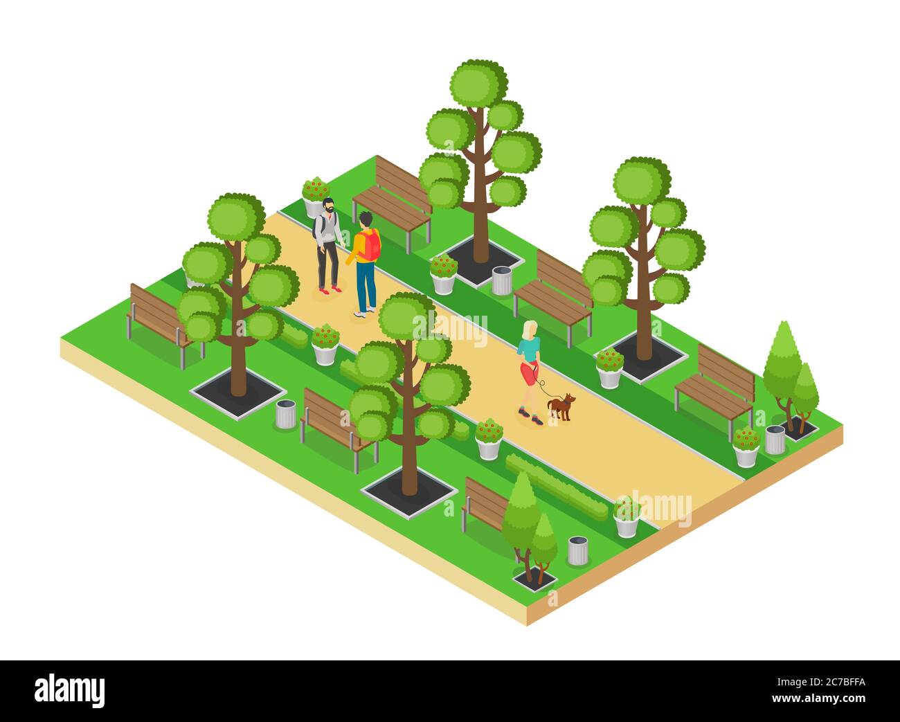 Vector isometric element of green park with alley and people walking ...
