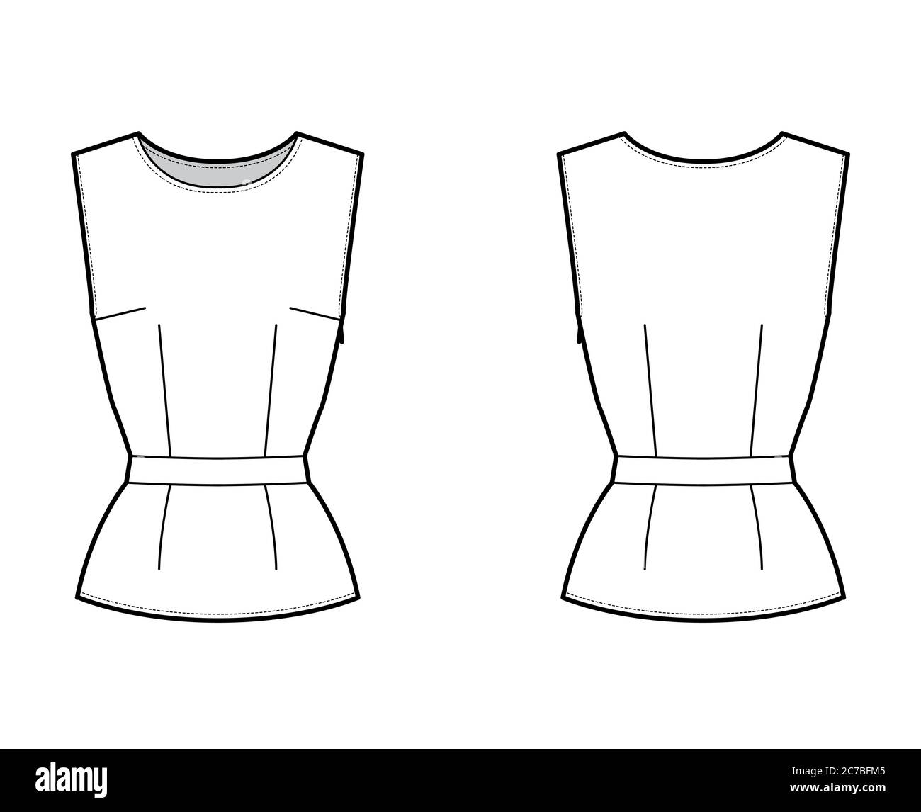Belted top technical fashion illustration with round neck, sleeveless ...