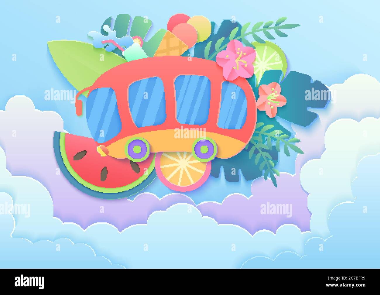 Vector trendy gradient paper style summer vacation concept with bus in ...