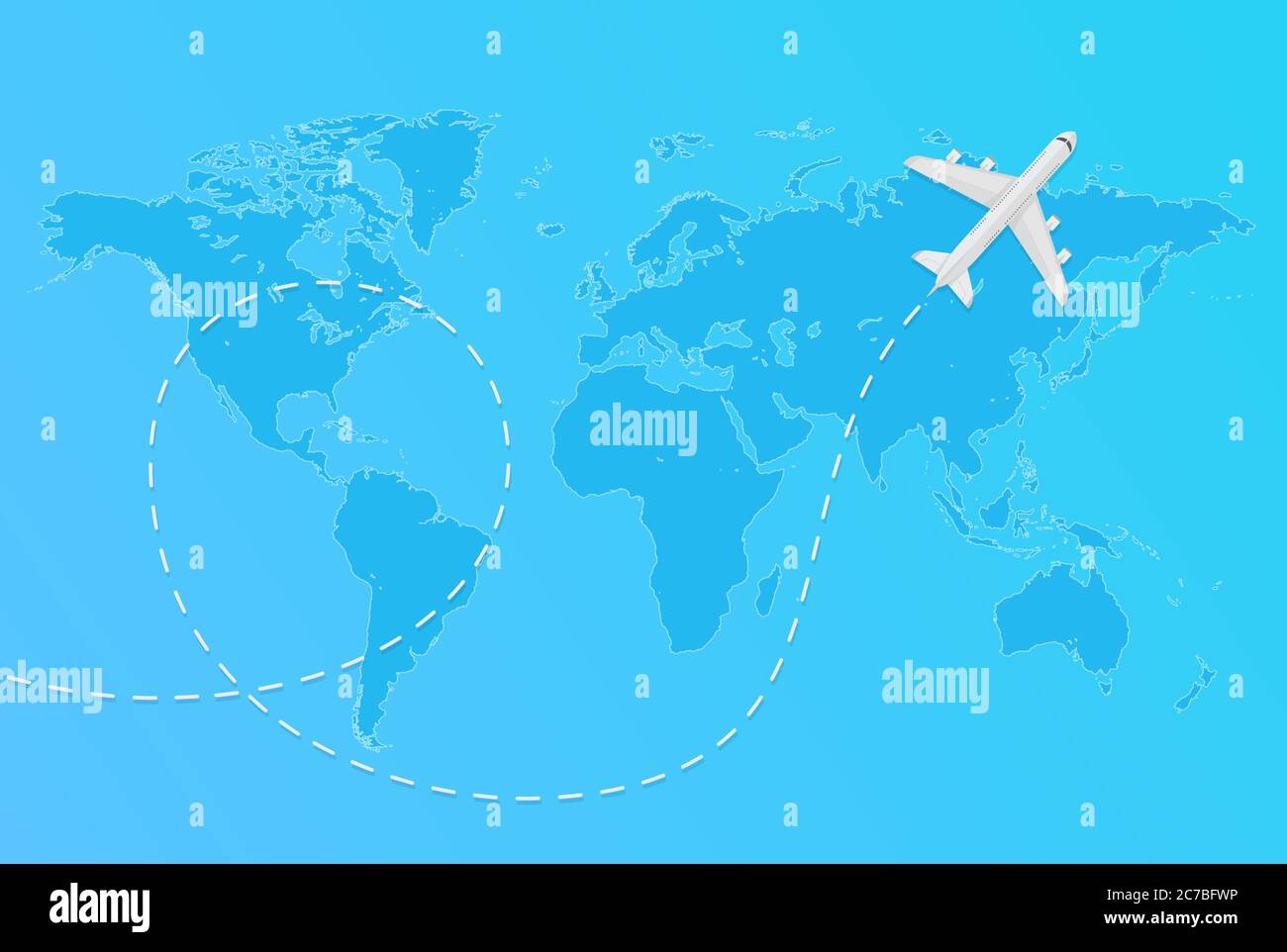 Vector World Map With Flying Airplane And Dashed Line Aircraft Travel
