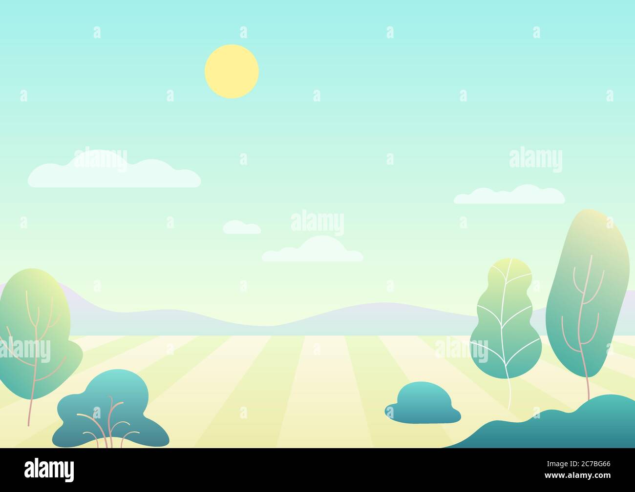 Fantasy simple cartoon summer field with tree, modern gradient nature ...