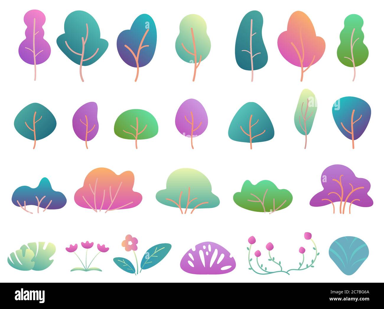 Flat trees and bushes in modern gradient flat design. Fantasy color ...