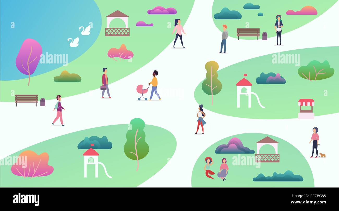 Top map view of various people at park walking and performing leisure ...