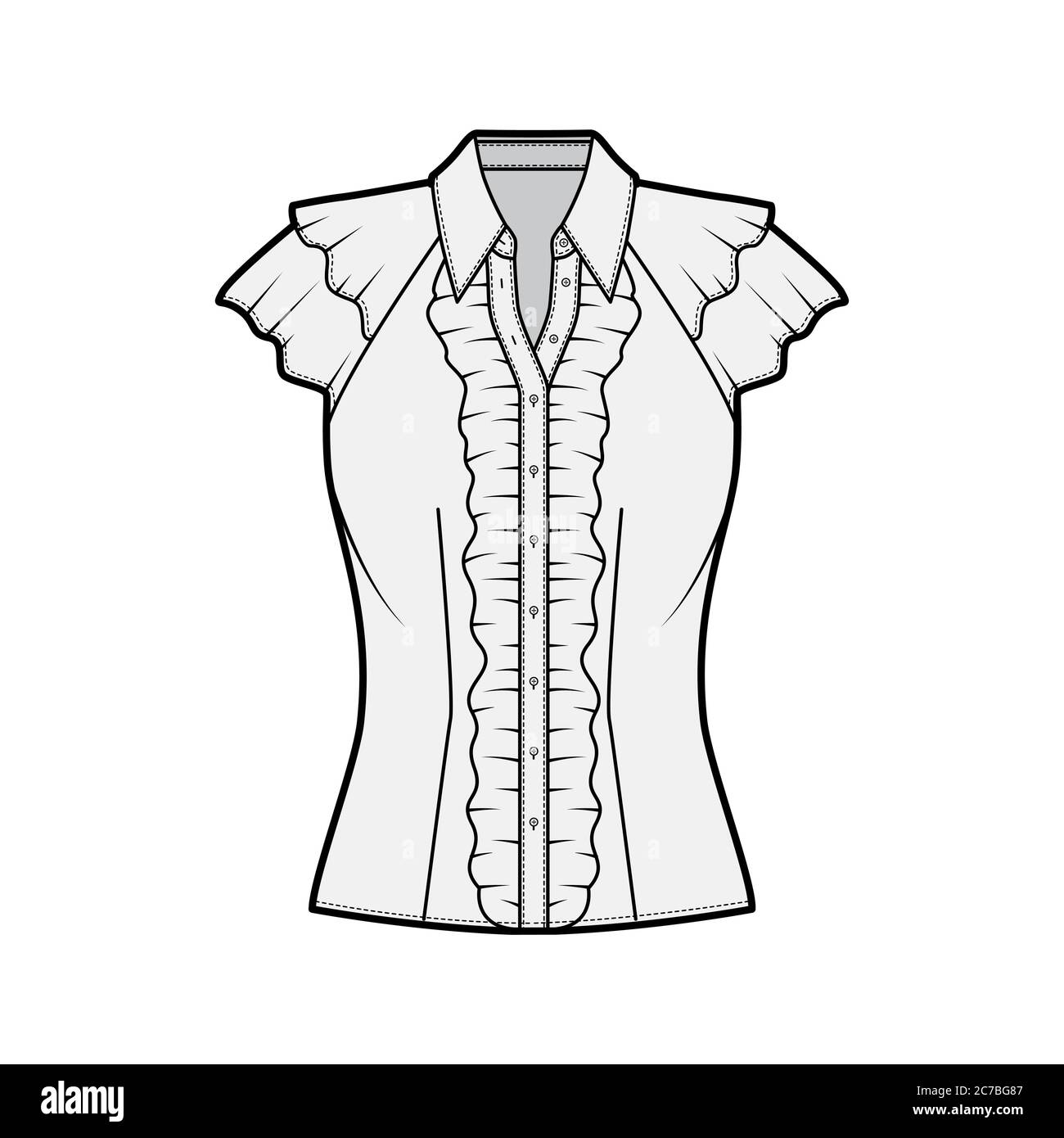 Ruffled shirt technical fashion illustration with sharp collar ...