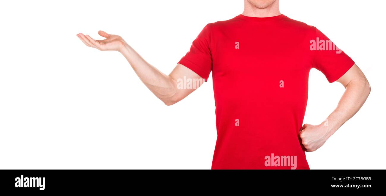 Front view of man in red t-shirt hold something on palm isolated white ...