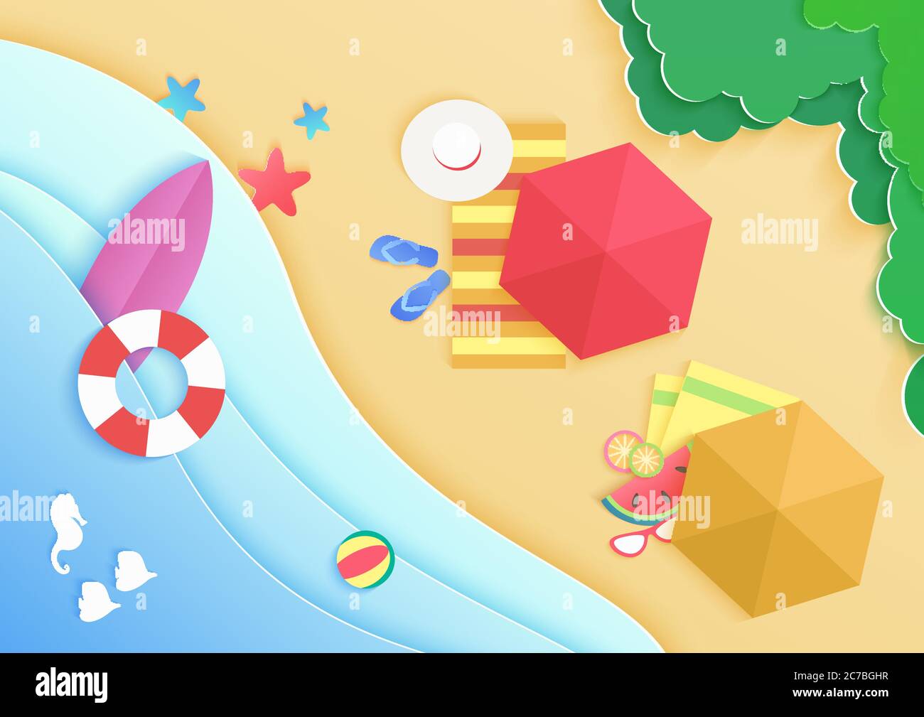 Top view cartoon ocean sea beach background with umbrellas, swim donuts ...