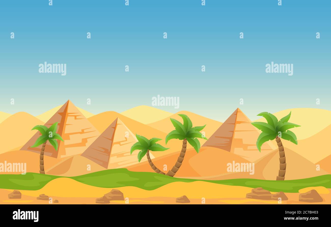 Egyptian pyramids with palms in desert landscape. Cartoon vector ...