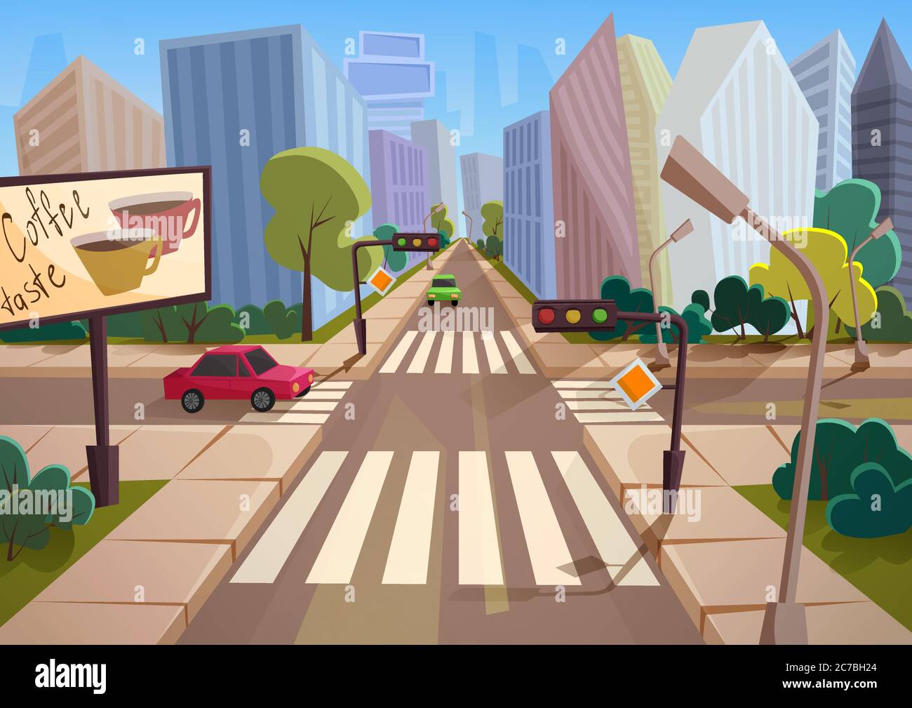 Trendy cartoon gradient style vector city with crossroad, road signs ...