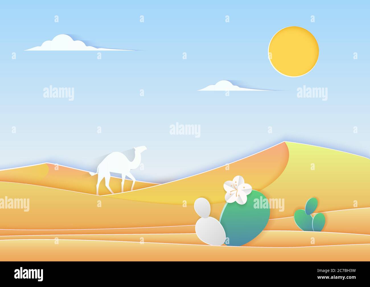 Trendy paper cuted style desert landscape with camel and cactus vector ...