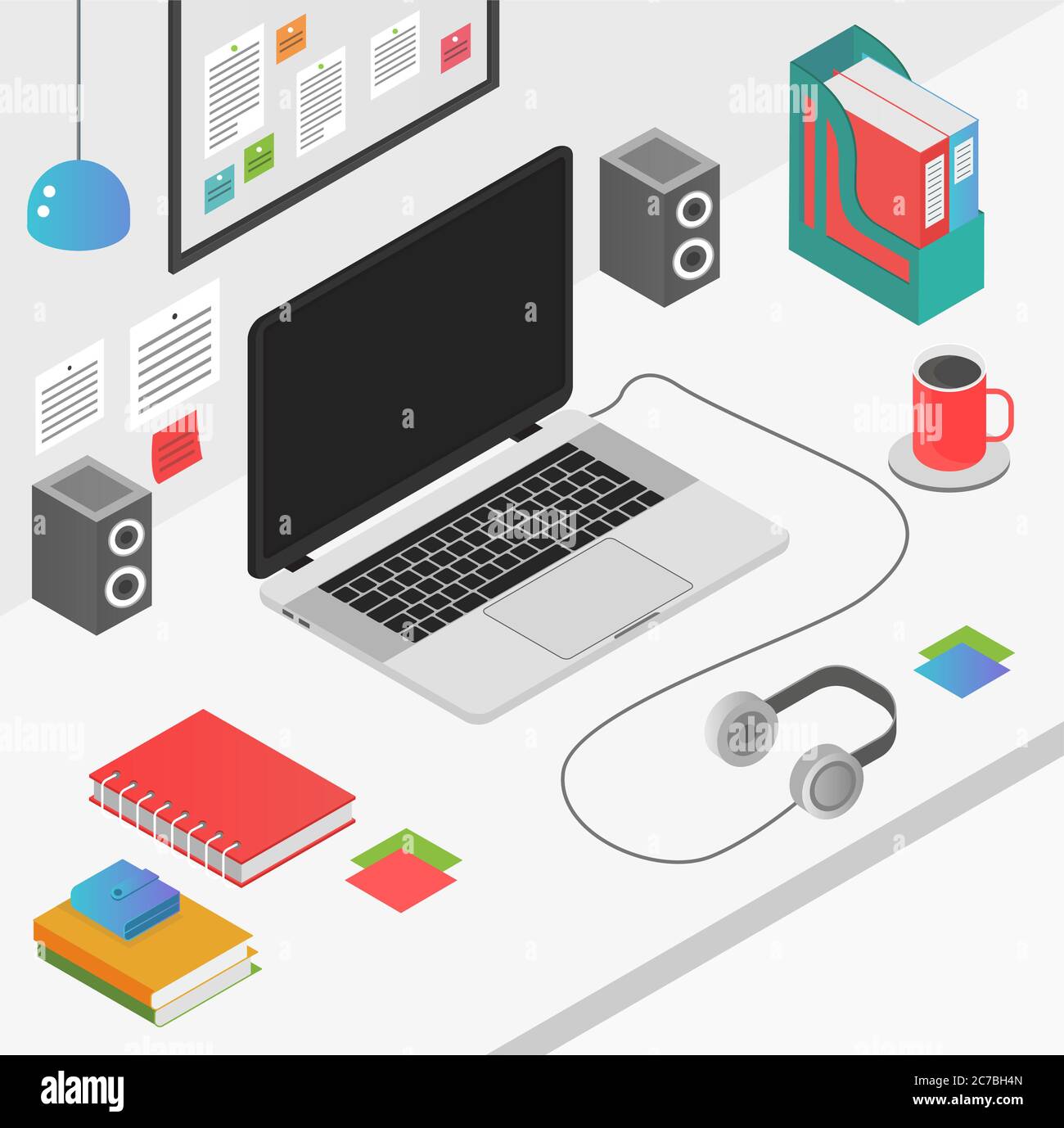 Flat 3d isometric workspace concept with laptop vector illustration ...