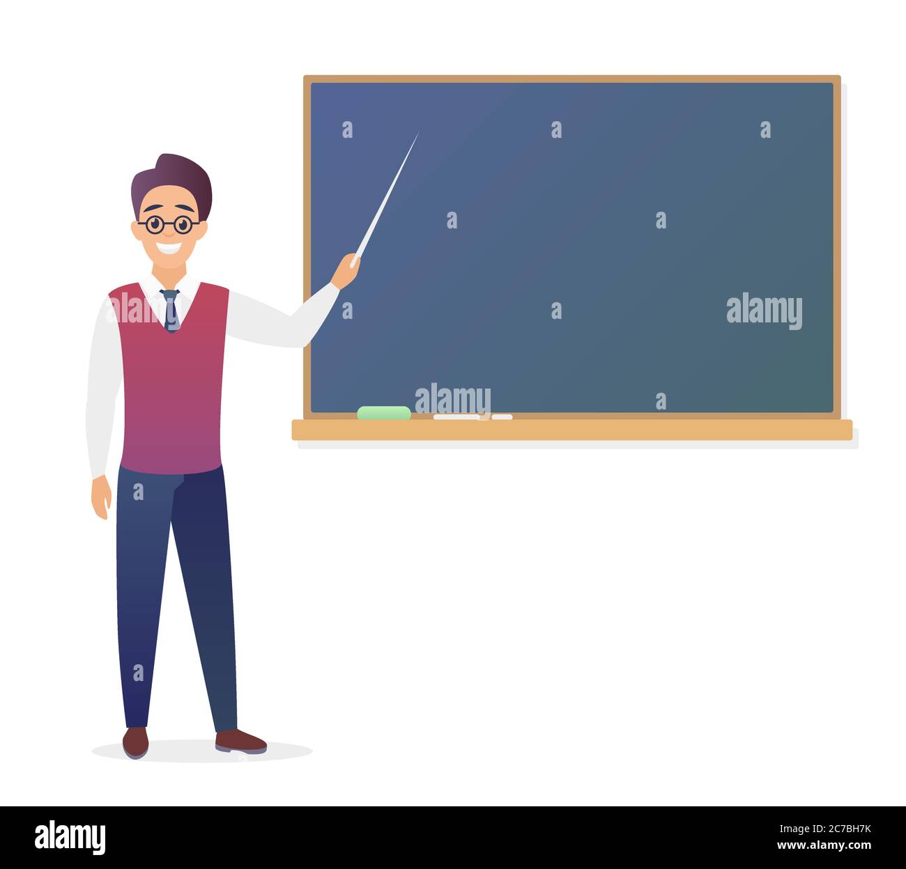 Young Man Teacher Standing In Front Of Blank School Blackboard Vector Illustration Cute Cartoon