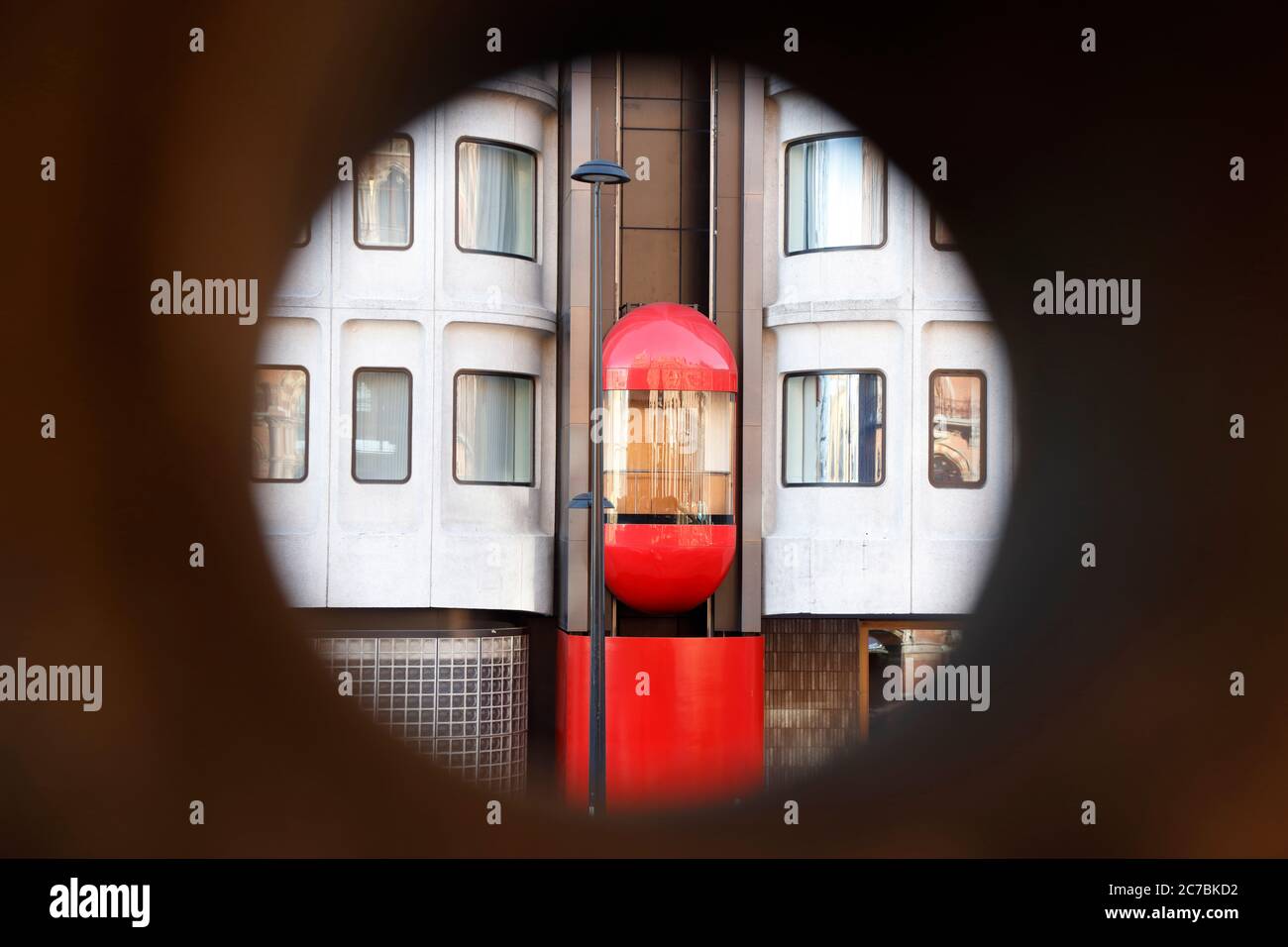 Red bubble lift on the outside of The Standard hotel on Euston Road, St ...