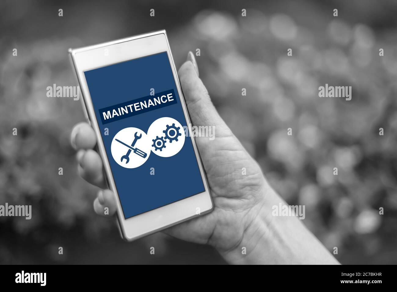 Female hand holding a smartphone with maintenance service concept Stock ...