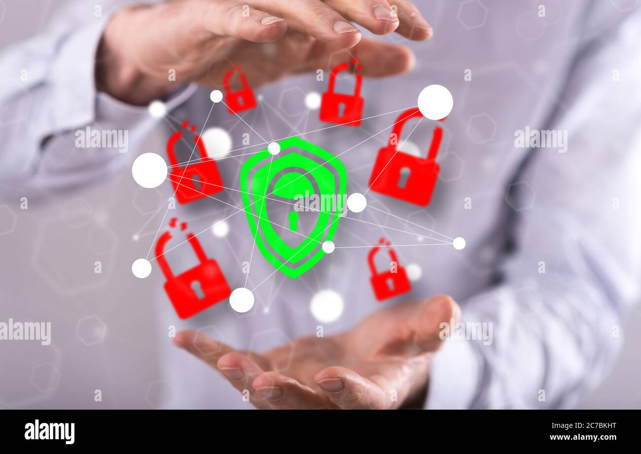 Cyber security concept between hands of a man in background Stock Photo ...