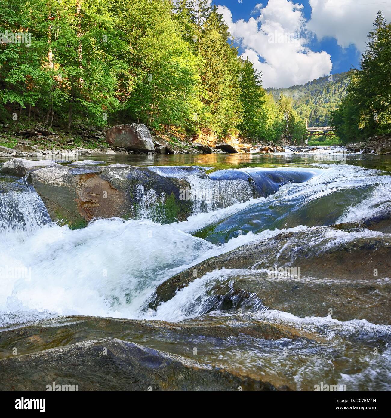 Spring river landscape. Fast stream in a mountain forest on a spring ...