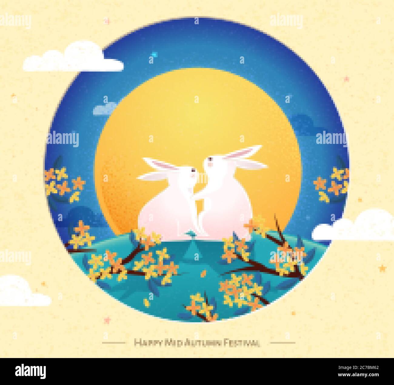 Cute rabbits couple appreciating the giant moon together on grassland ...