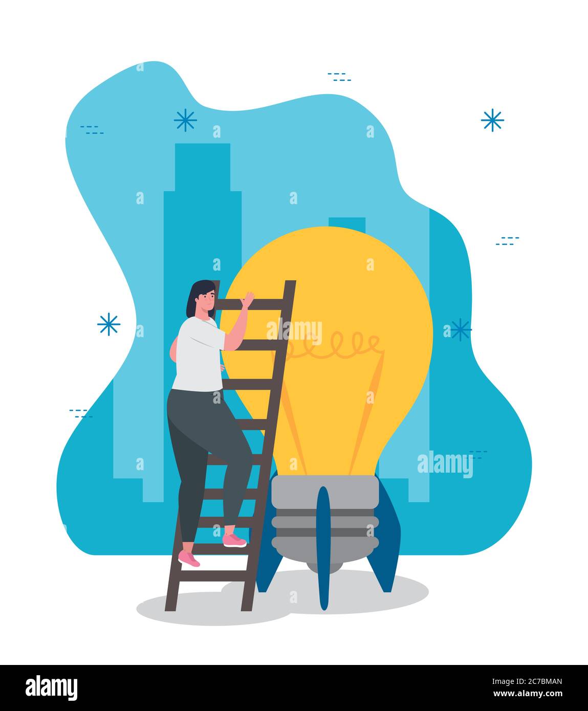 Woman on ladder with start up light bulb rocket vector design Stock ...