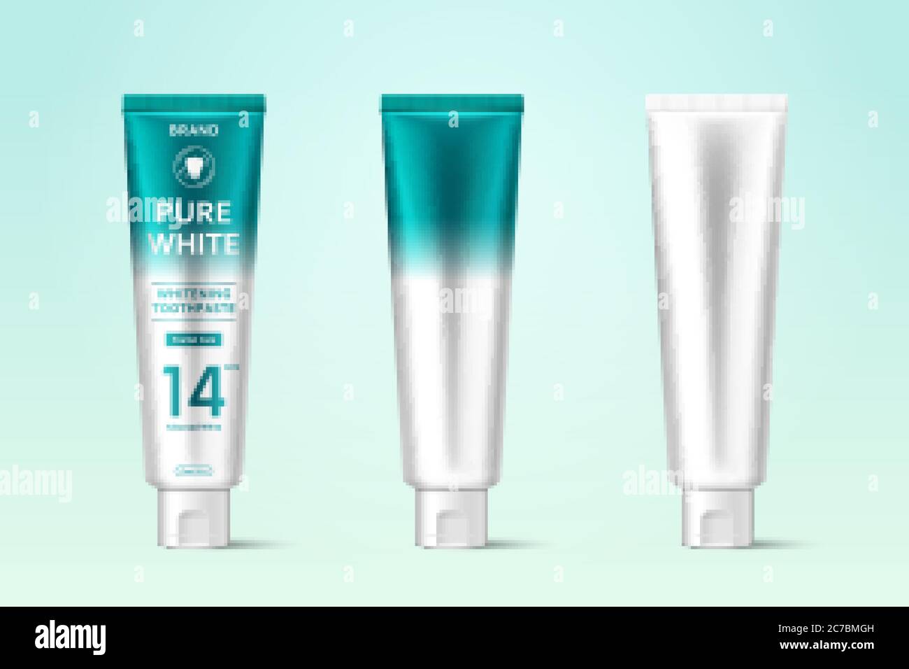 Three pure white toothpaste tubes isolated on baby green background in ...
